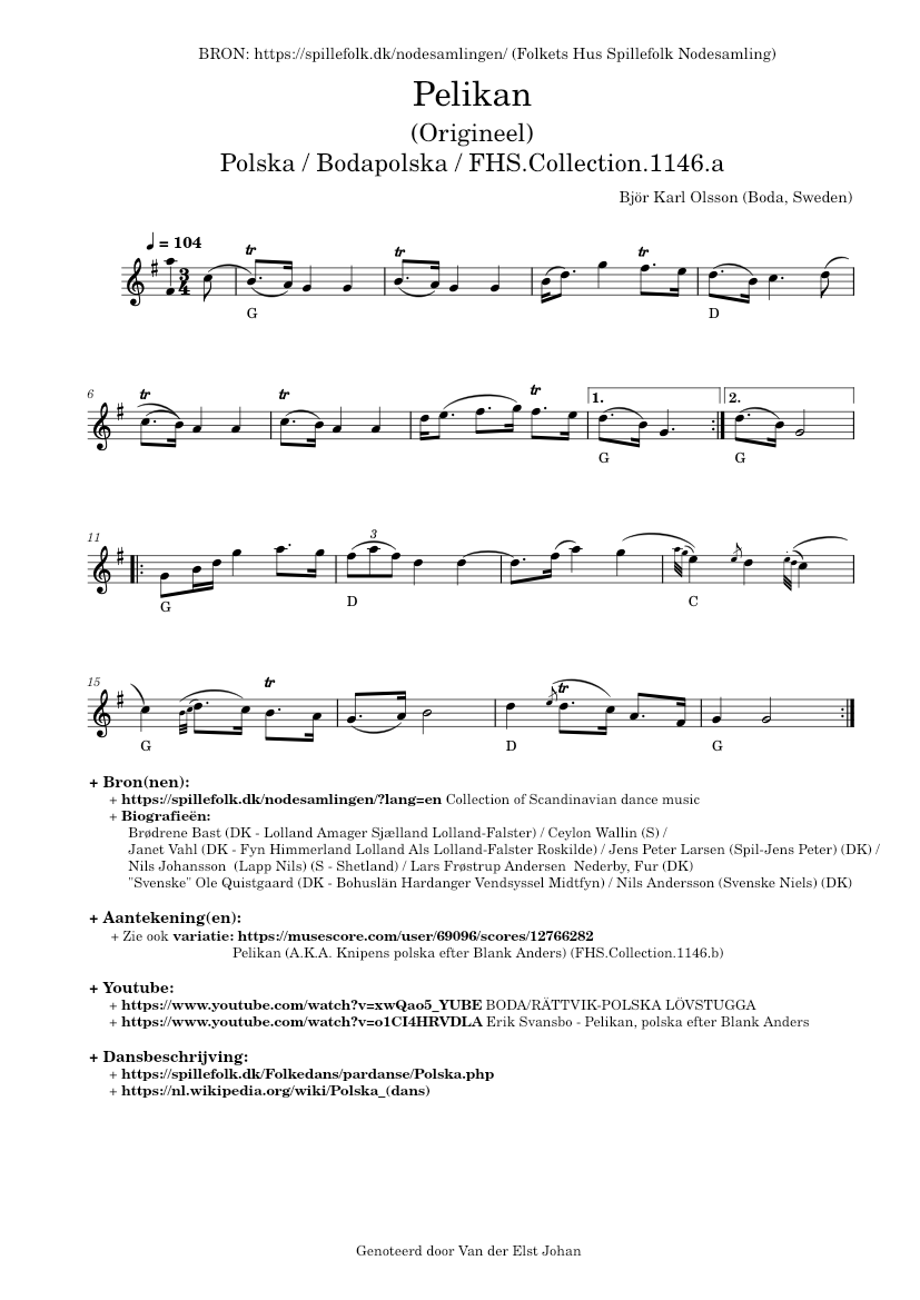 Pelikan (Origineel) (FHS.Collection.1146.a) Sheet music for Violin ...