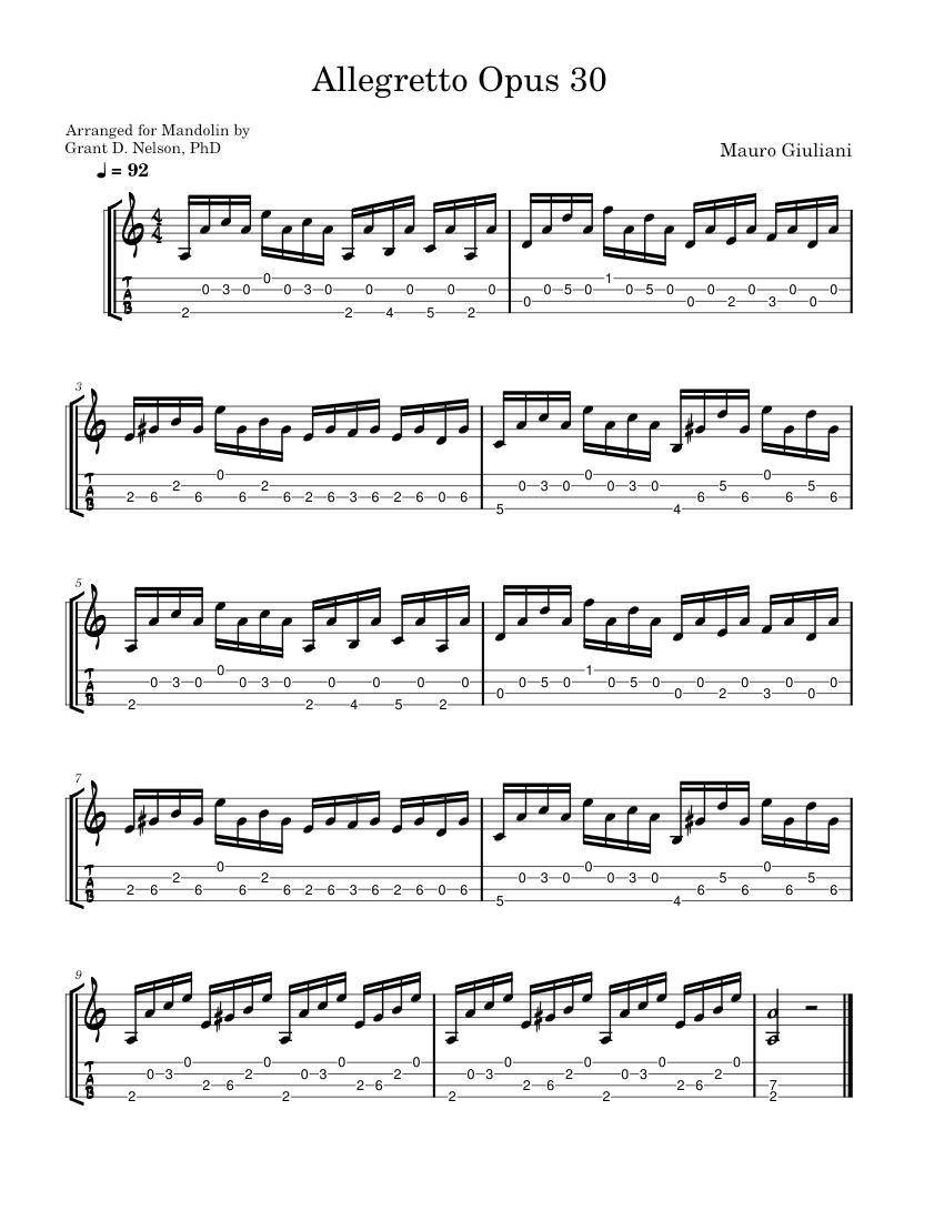 Allegretto opus 30 – Mauro Giuliani Sheet music for Mandolin (Solo) | Musescore.com