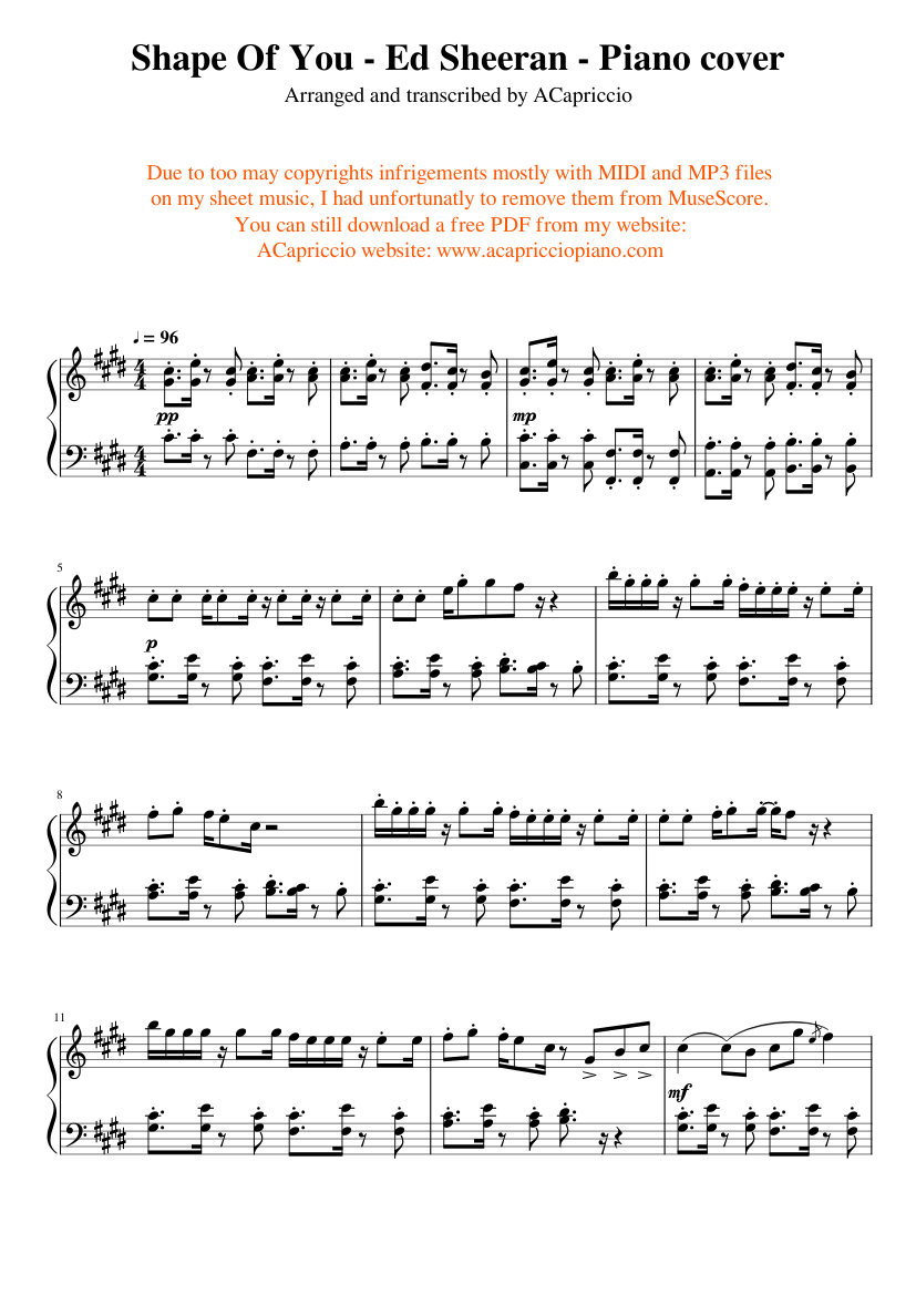 Ed Sheeran - Shape of You - Piano cover Sheet Music for Piano (Solo ...