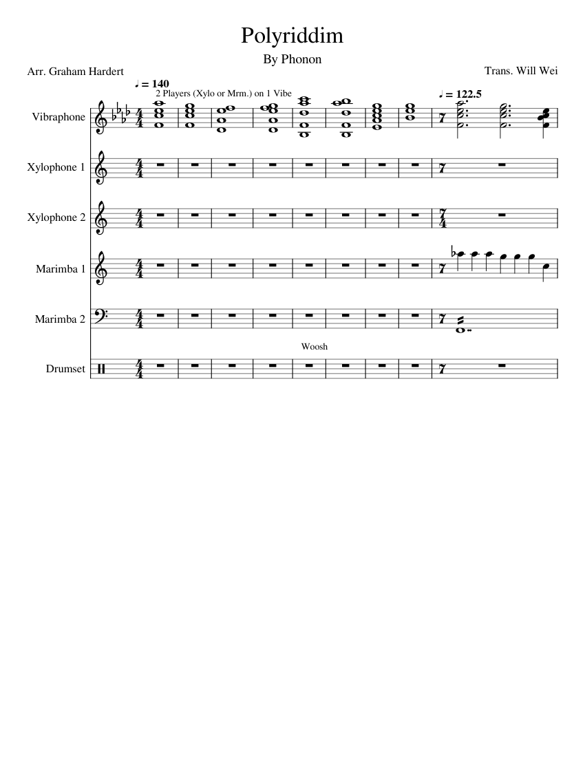 Polyriddim Sheet music for Vibraphone, Drum group, Marimba, Xylophone (Percussion Quintet ...