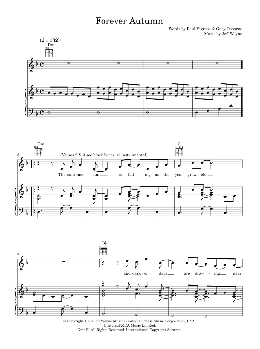 Play Official version of Forever autumn Sheet Music by Jeff Wayne for ...