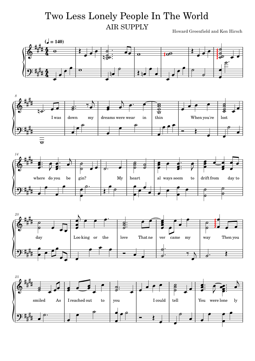 Two Less Lonely People In The World Sheet Music for Piano (Solo ...