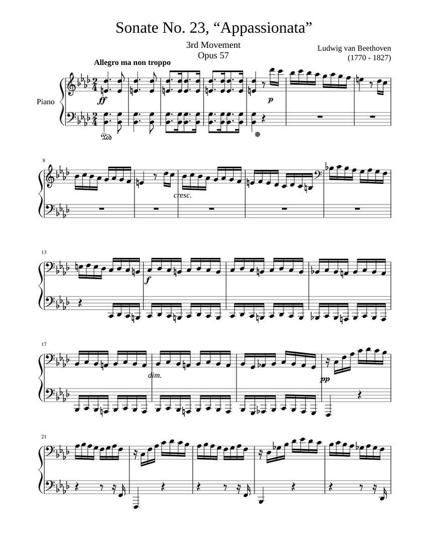 Appassionata, Sonata No. 23 – Ludwig van Beethoven 3rd Movement Sheet ...