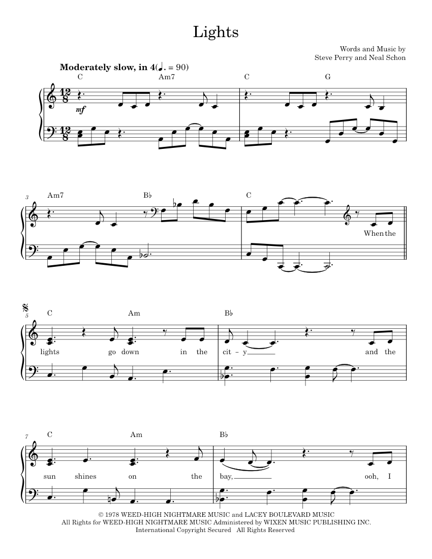 Play Official version of Lights Sheet Music by Journey for Piano ...
