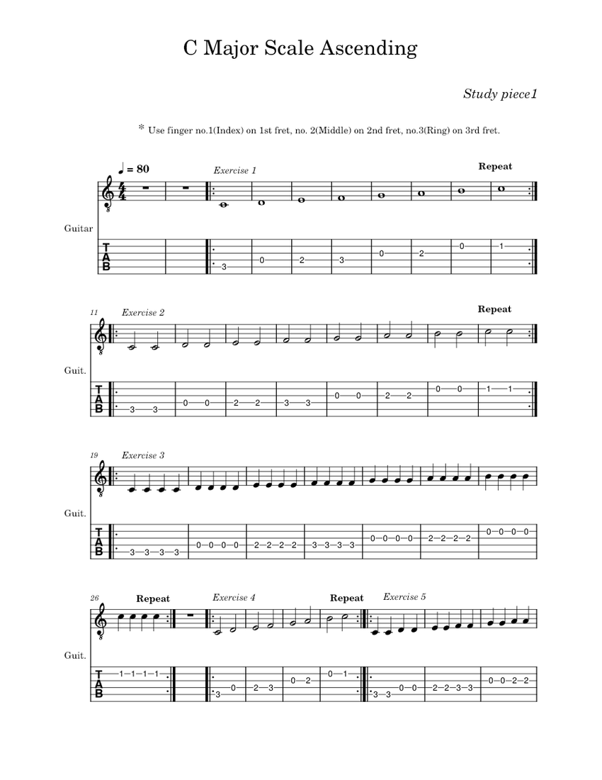 C Major Scale Ascending Sheet music for Guitar (Solo) | Musescore.com
