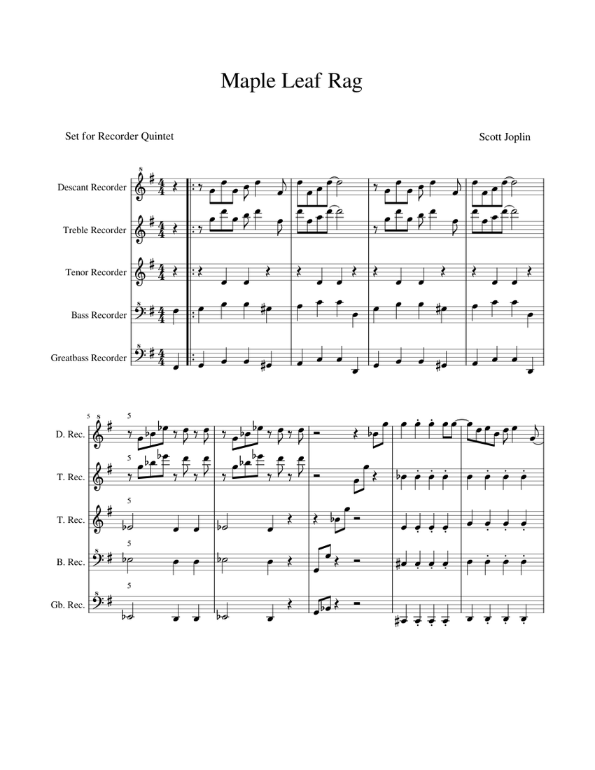 Maple Leaf Rag-SCORE Sheet music for Recorder (Woodwind Quintet ...