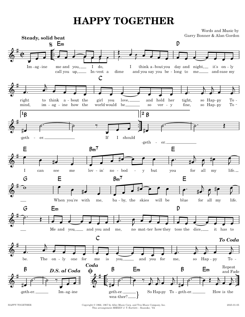 Happy Together [lead sheet] – Garry Bonner, Alan Gordon Sheet Music for ...
