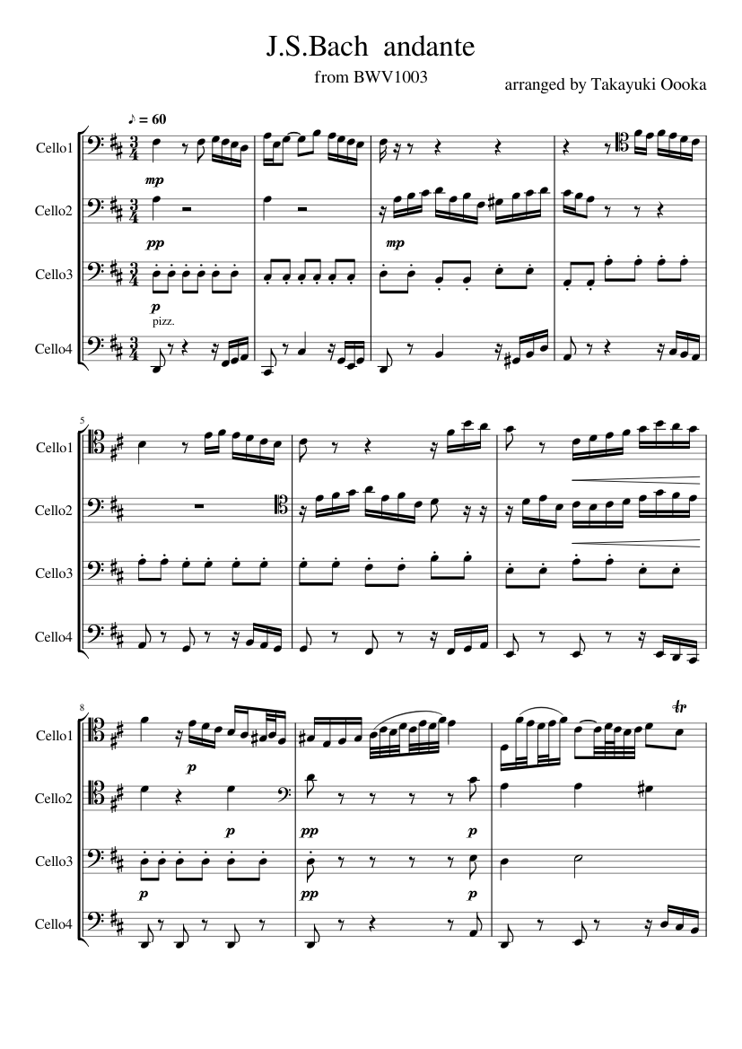 bach andante Bwv1003 for Cello4 a Sheet Music for Cello (String Quartet ...