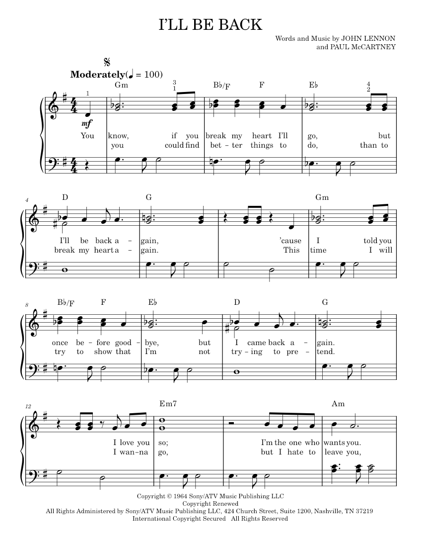 Play Official version of I'll Be Back Sheet Music by The Beatles for ...