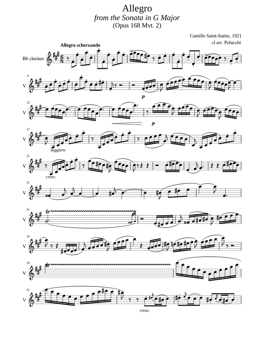 Allegro from the Sonata in G Major Opus 168 Mvt 2 cl part Sheet music ...
