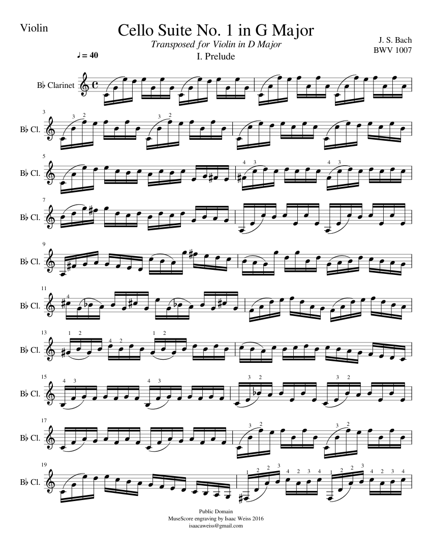 Bb Bach Cello Suite No 1 in G Major BWV 1007 Prelude Clarinet Alto Sax ...