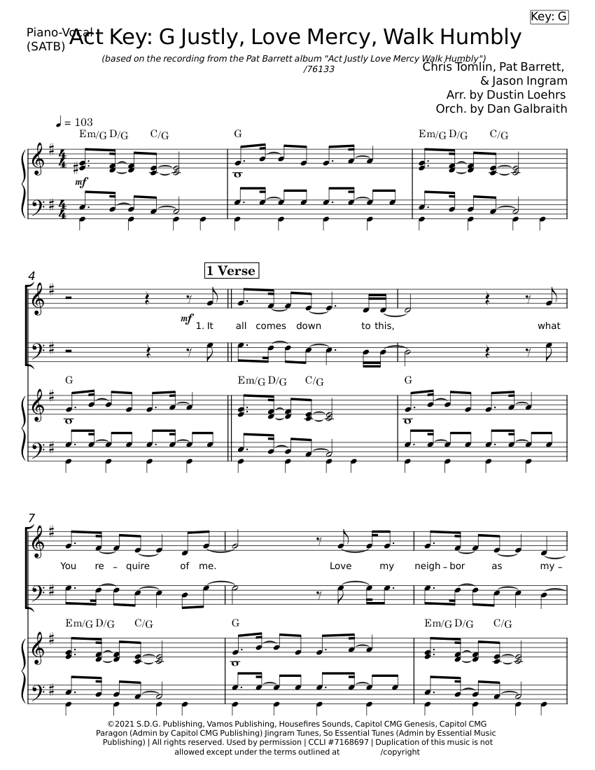 Act Justly, Love Mercy, Walk Humbly - Pat Barrett Sheet music for Piano ...