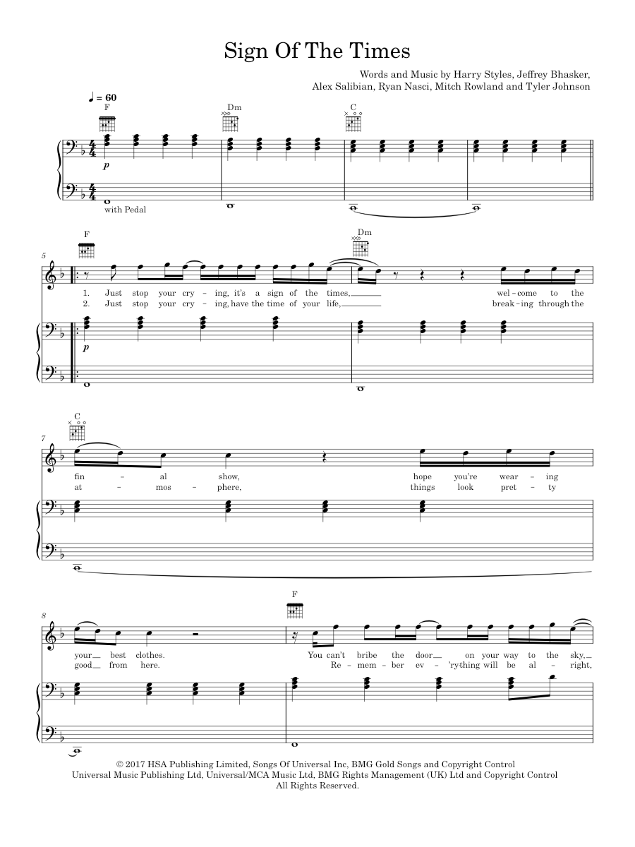 Sign of the Times Sheet music for Piano, Vocals by Harry Styles ...