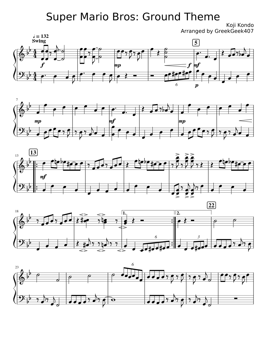 Super Mario Bros: Ground Theme - SWING Edition! Sheet music for Piano ...