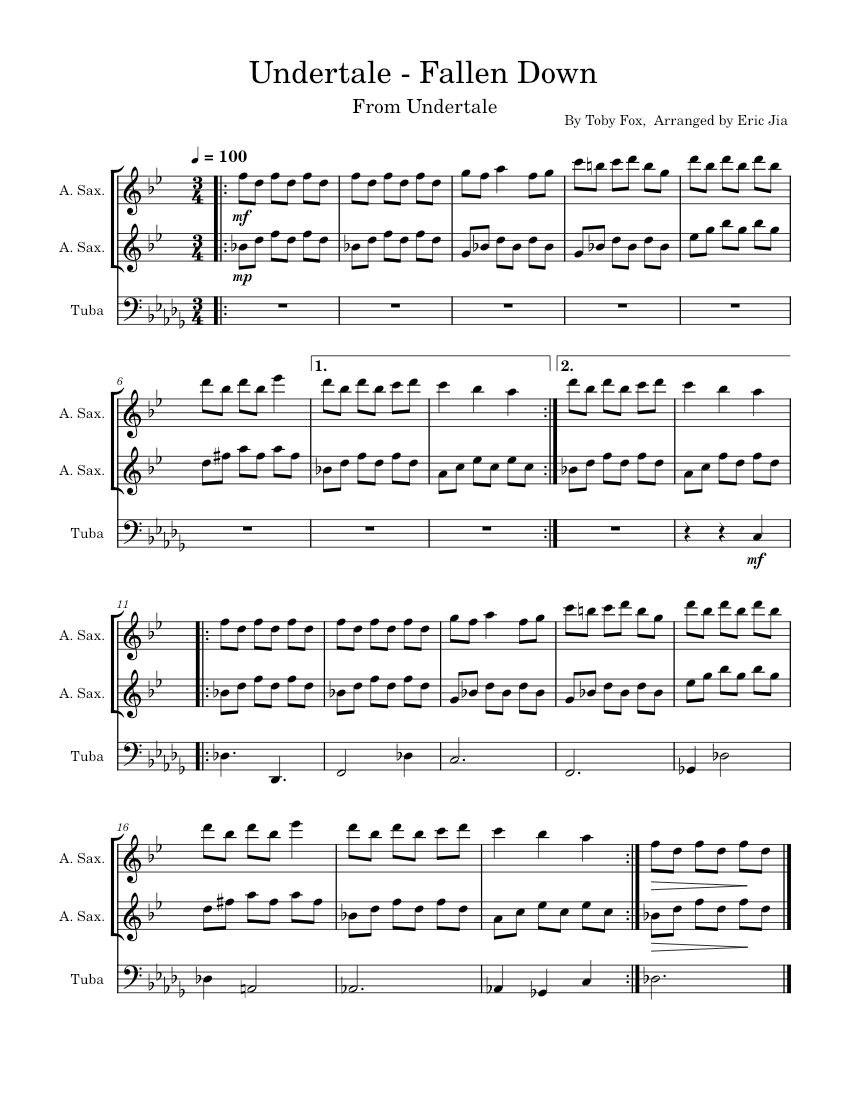 Fallen Down – Toby Fox Undertale - Fallen Down Sheet music for Tuba, Saxophone alto (Mixed ...