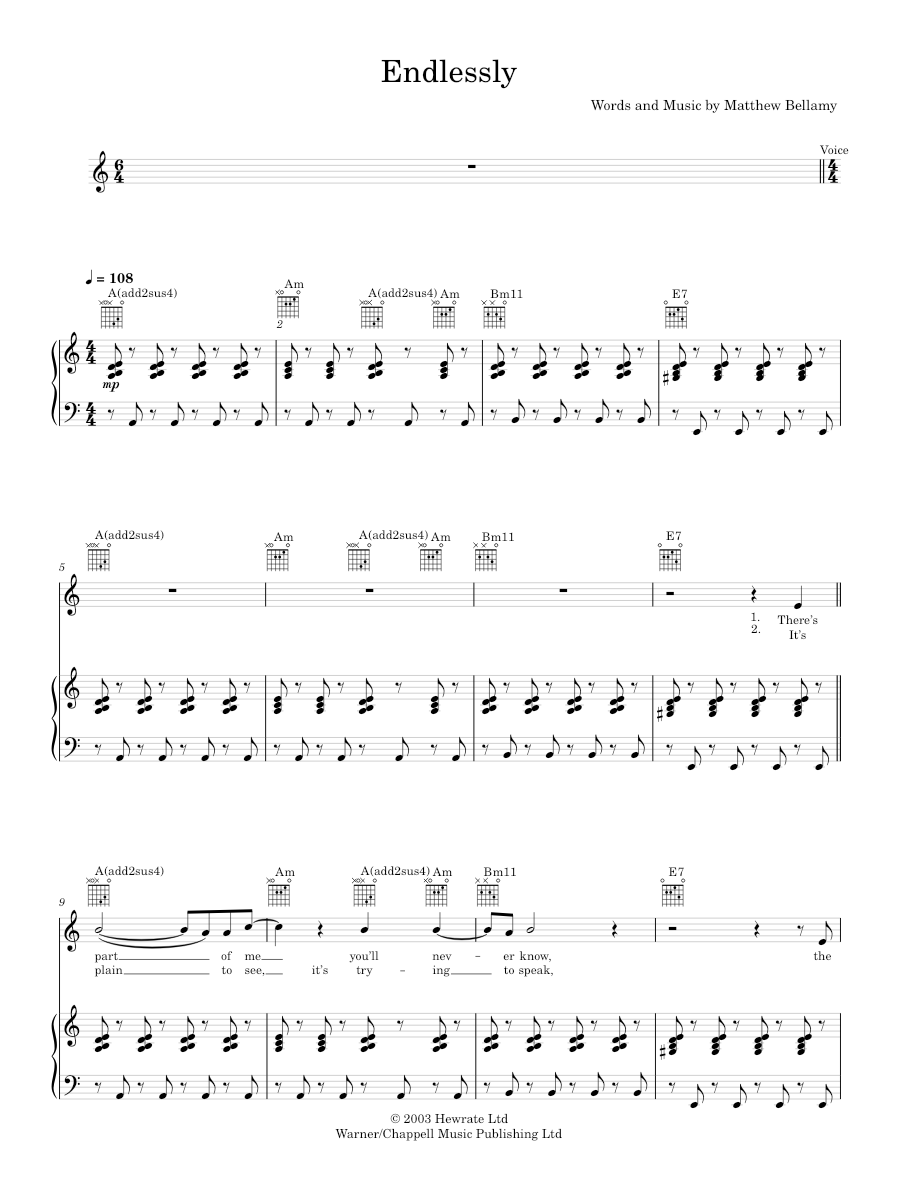 endlessly Sheet music for Piano, Vocals, Guitar by Muse: Music Notes by ...