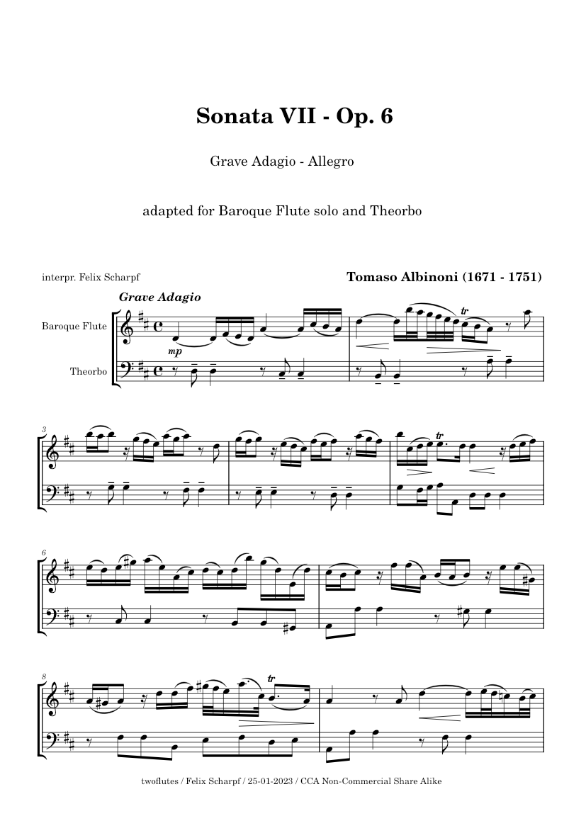 Sonata No. 7, Op. 6 - Tomaso Albinoni - for Baroque Flute solo and ...
