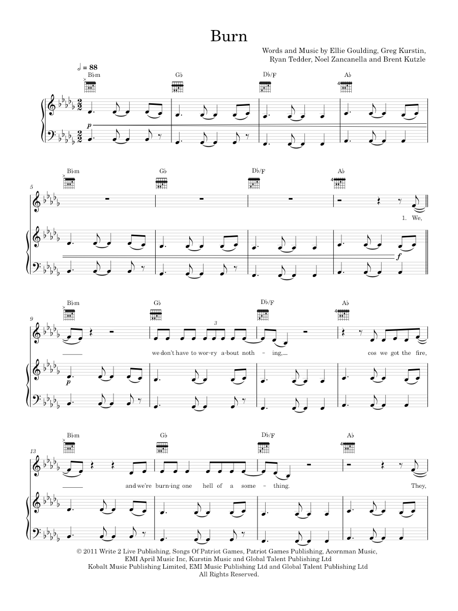 burn Sheet music for Piano, Vocals by Ellie Goulding: Music Notes by ...