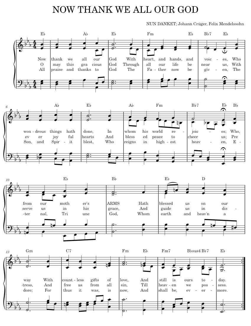 Now Thank We All Our God - NUN DANKET; Crüger, Mendelssohn Sheet Music ...