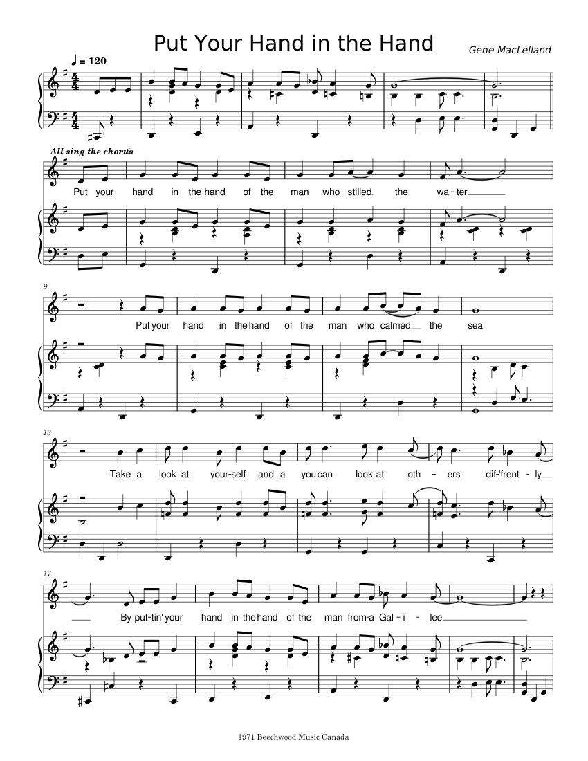 Put Your Hand In the Hand – Gene Maclellan Sheet Music for Piano ...