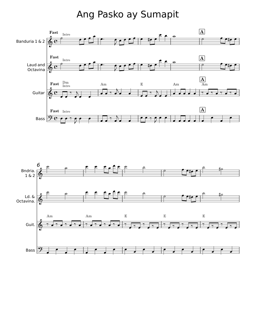 Ang Pasko ay Sumapit Sheet music for Guitar, Bass guitar (Mixed Quartet) | Musescore.com