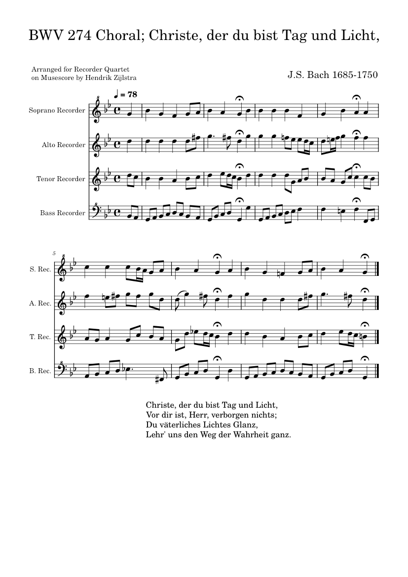 BWV 274, Bach J.S. Christe, der du bist Tag und Licht, Recorder Quartet Sheet music for Recorder ...