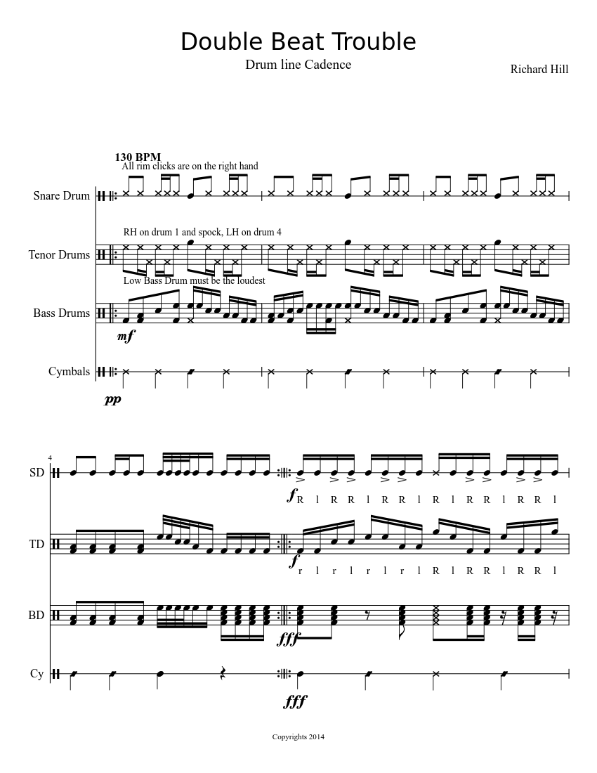 Double Beat Trouble (drumline cadence) Sheet Music for Snare drum ...