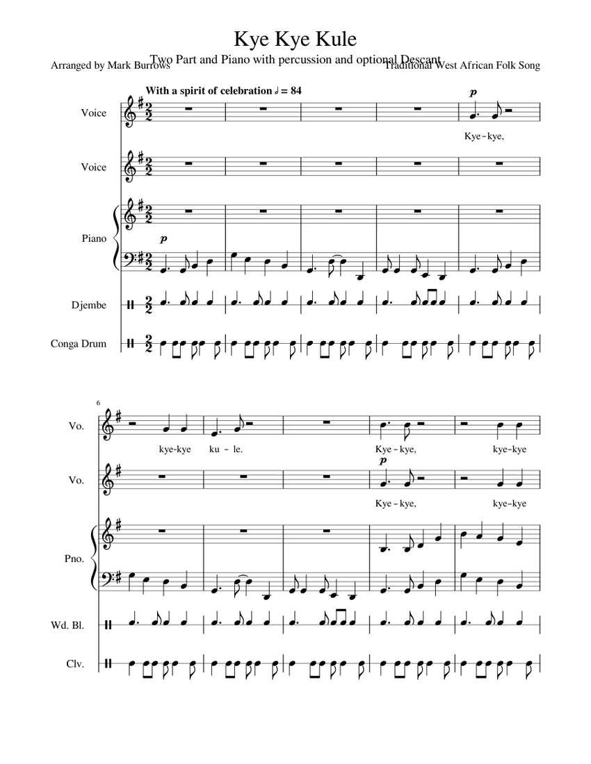 Kye Kye Kule Sheet music for Piano, Vocals, Woodblock, Claves (Mixed ...