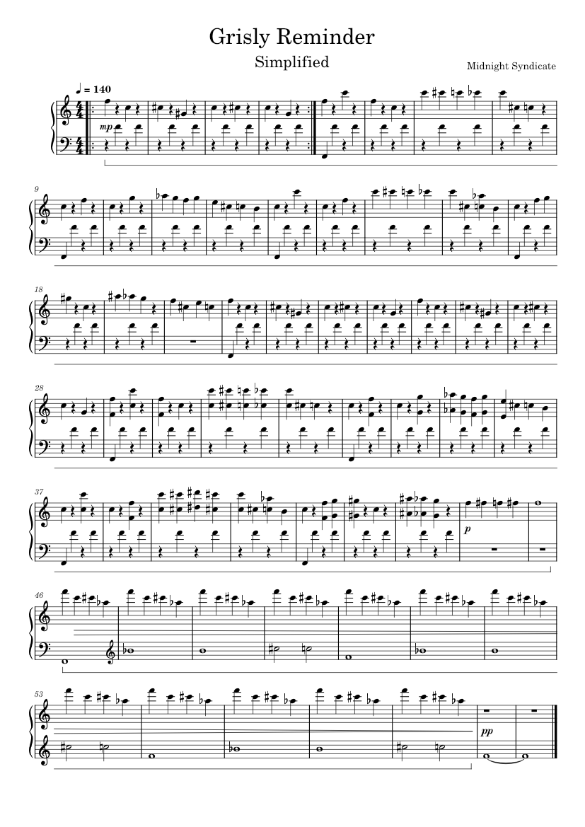 Grisly Reminder – Midnight Syndicate SIMPLIFIED Sheet Music for Piano ...