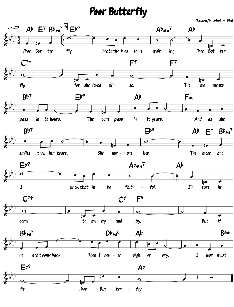Poor Butterfly - Raymond Hubbell Sheet Music with Chords for Piano ...
