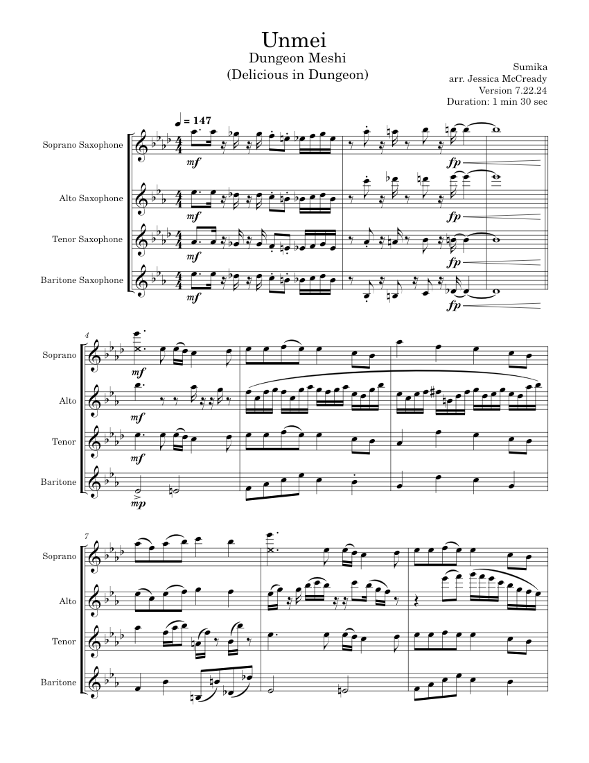運命 (UNMEI) – sumika Sheet Music for Saxophone alto, Saxophone tenor ...