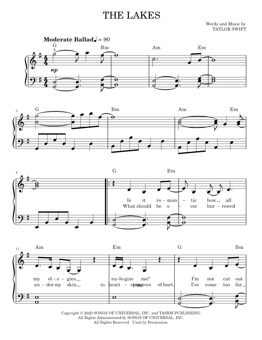 Play Official version of The lakes Sheet Music by Taylor Swift for ...