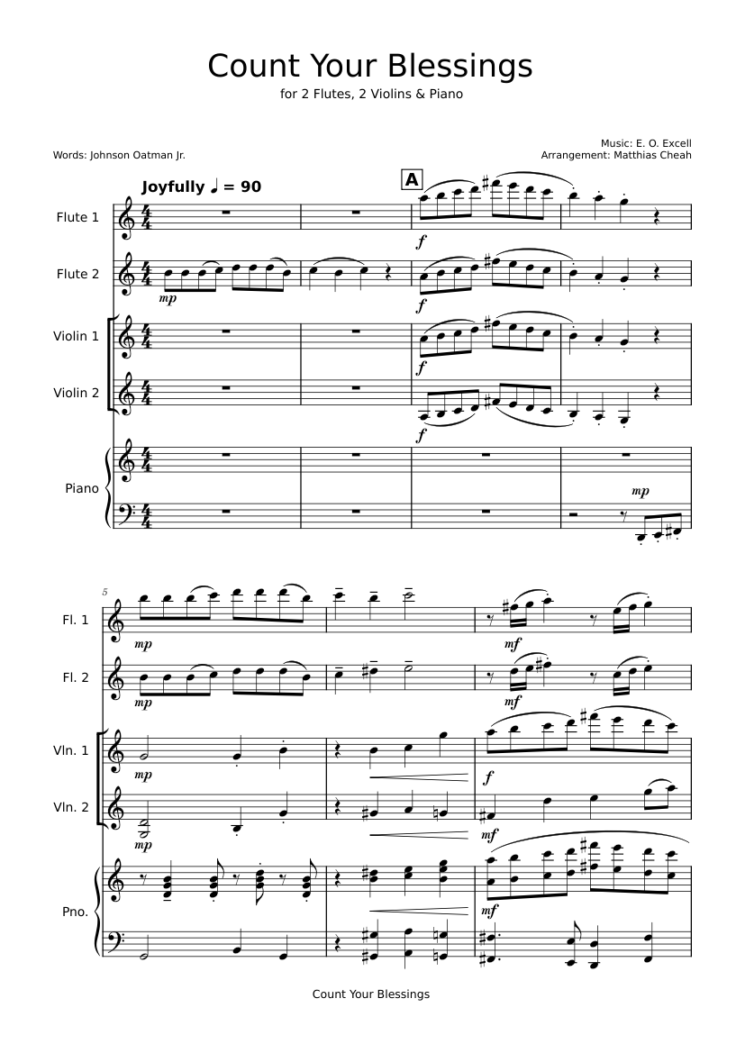 Count Your Blessings – arrangement for 2 Flutes, 2 Violins & Piano ...