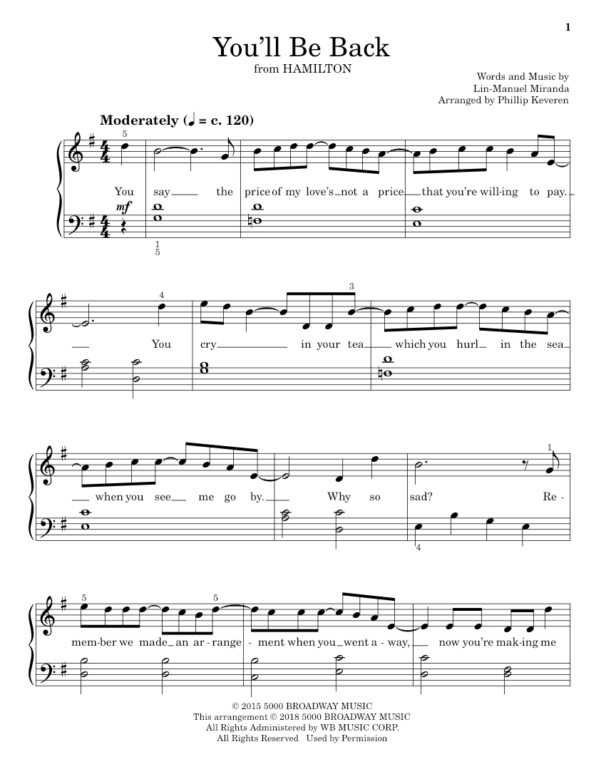 Play Official version of You'll Be Back (from Hamilton) Sheet Music by ...