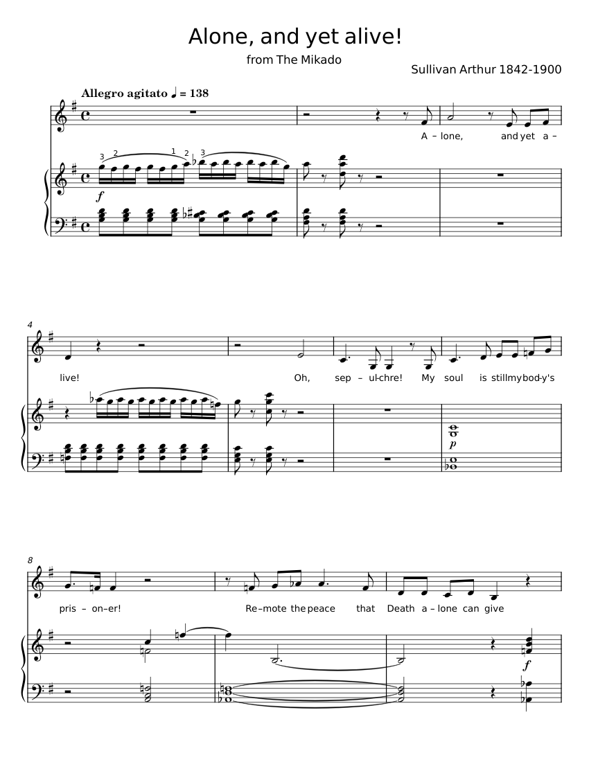 Alone, and yet alive! - Sullivan Arthur Sheet music for Piano, Synthesizer (Mixed Duet ...