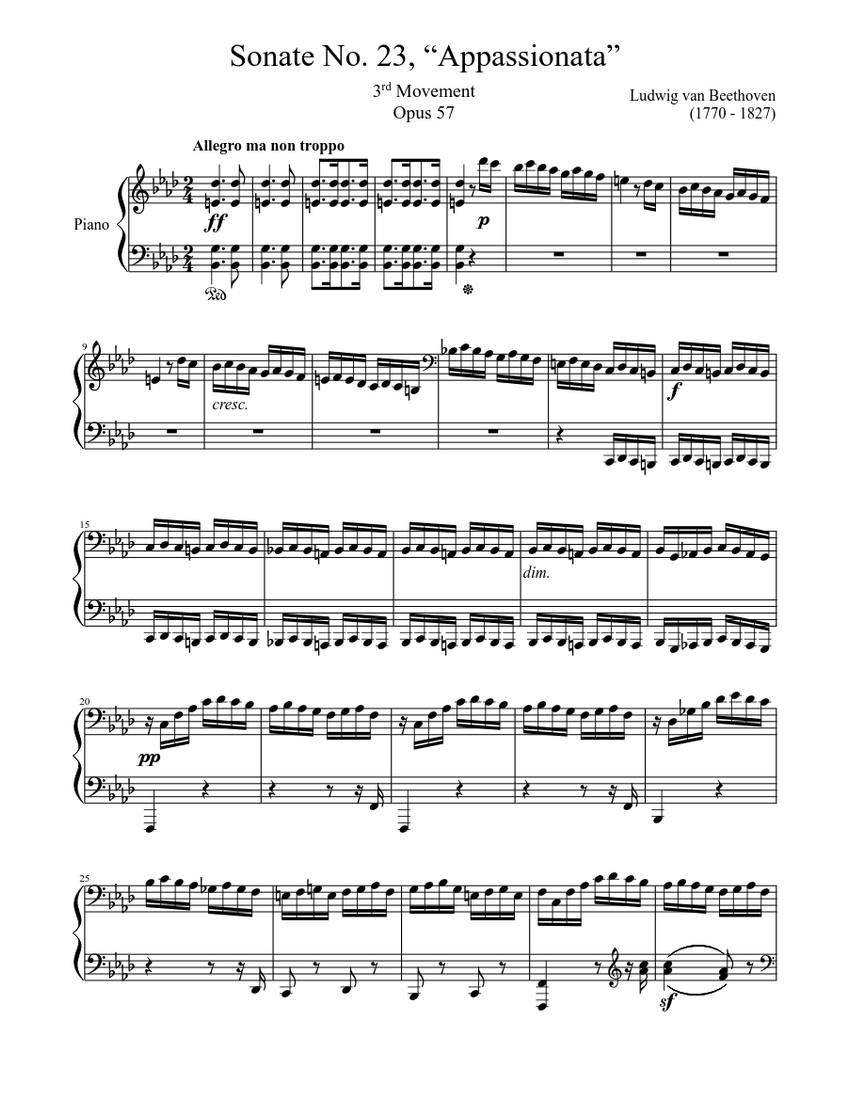 Sonate No. 23, “Appassionata” 3rd Movement Sheet music for Piano (Solo ...