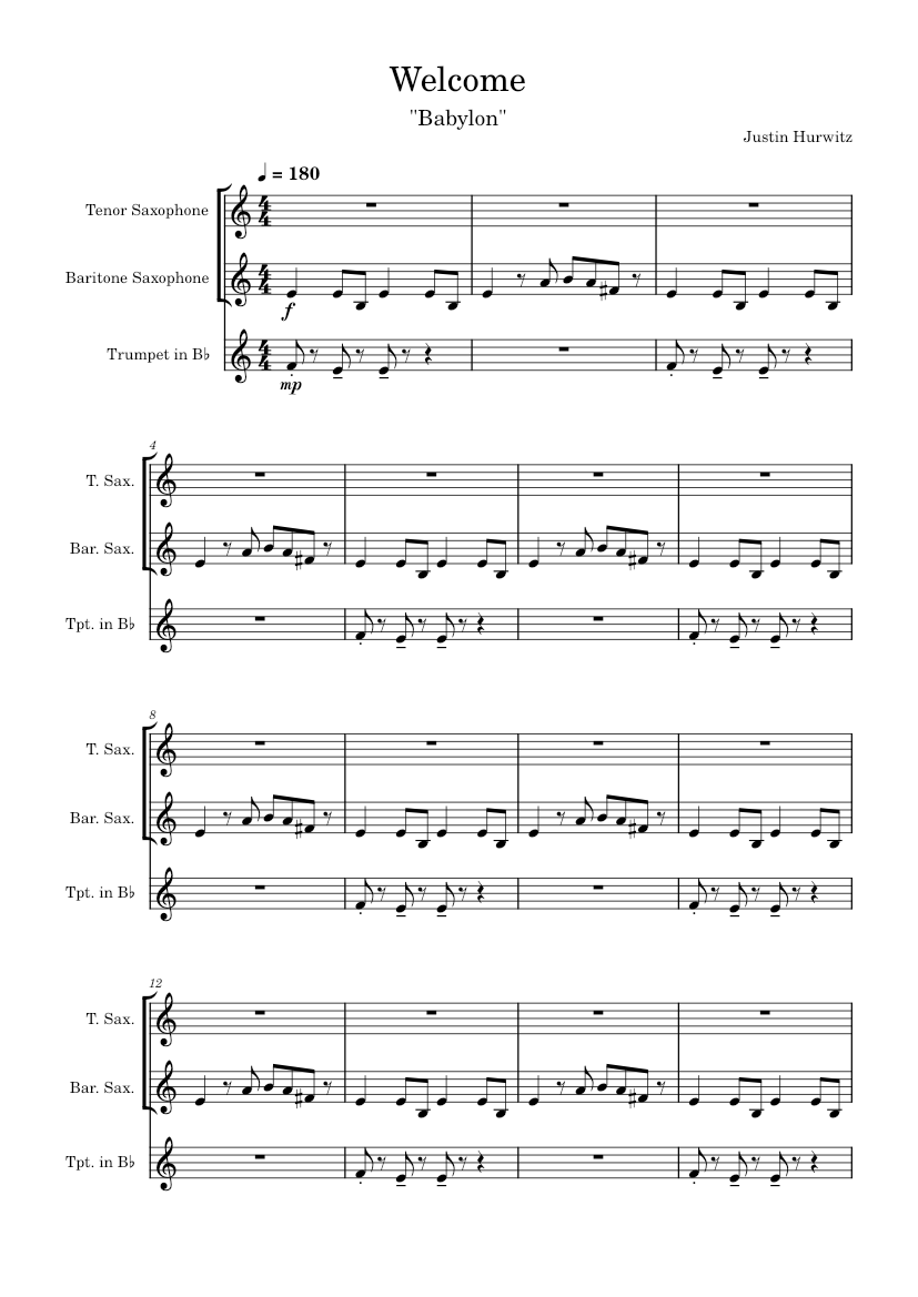 Welcome – Justin Hurwitz Sheet music for Saxophone tenor, Saxophone ...