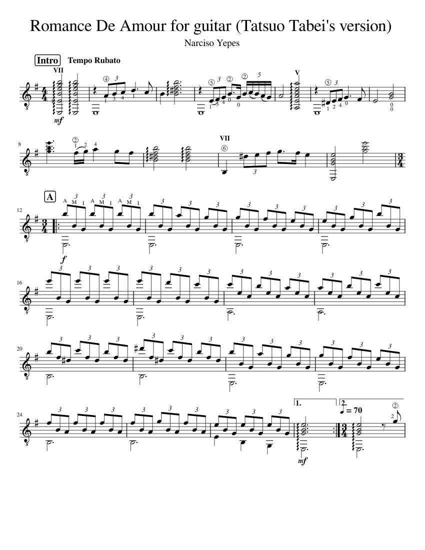 Romance de Amor for Guitar (Tabei version) Sheet music for Guitar (Solo ...