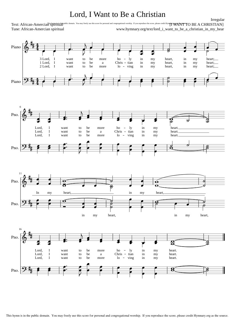 Lord, I want to be a Christian Sheet Music for Piano (Piano Duo ...