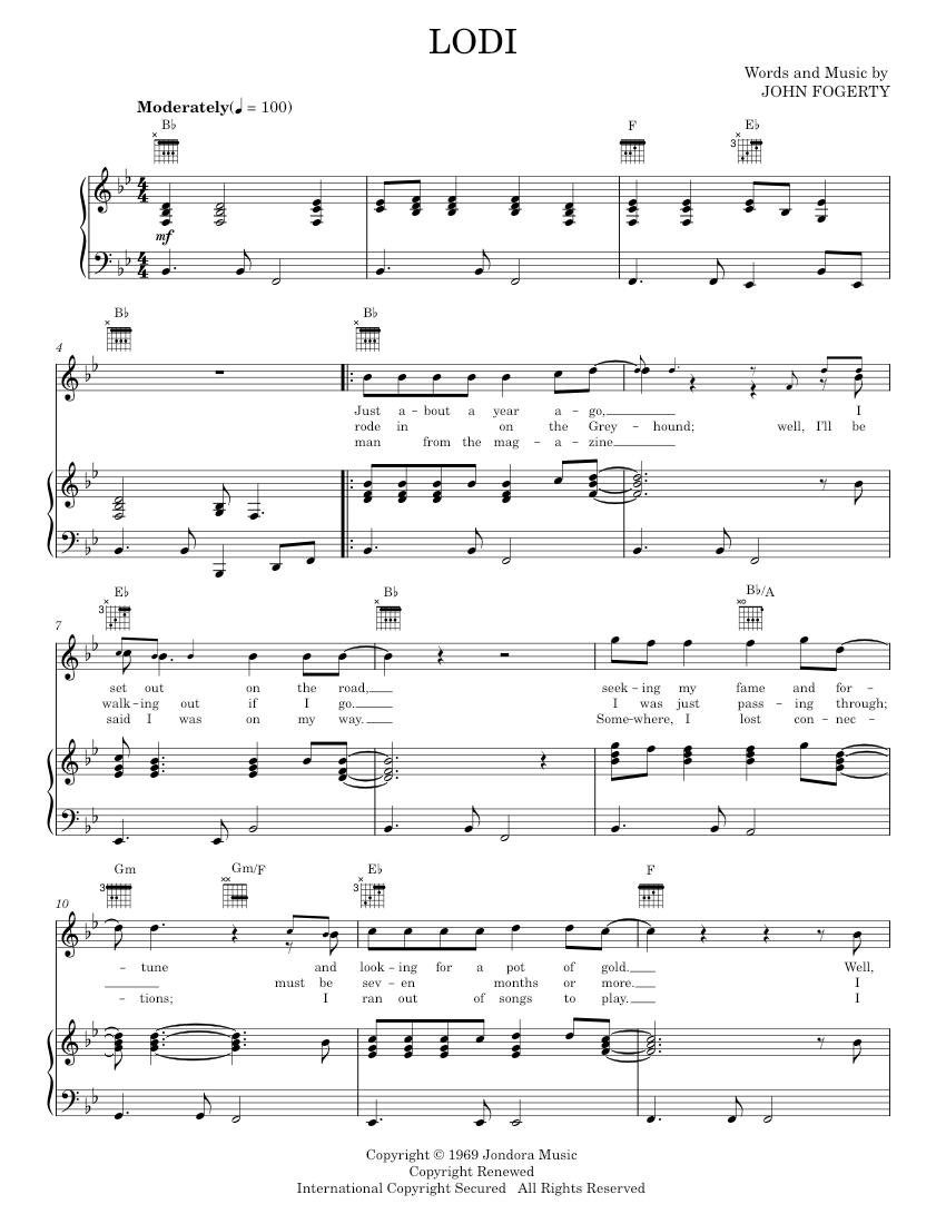 lodi Sheet music for Piano, Vocals by Creedence Clearwater Revival ...