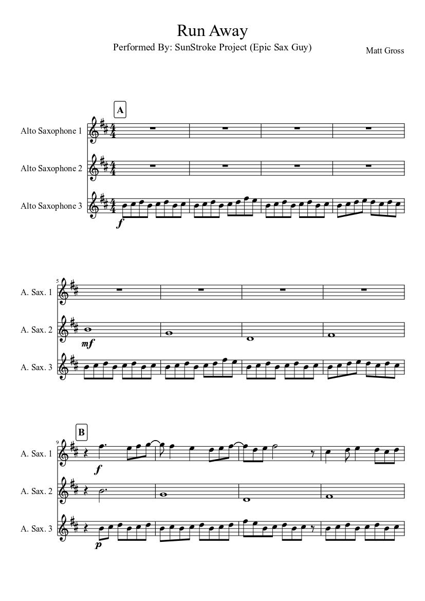 Run Away - SunStroke Project Sheet Music for Saxophone alto (Saxophone ...