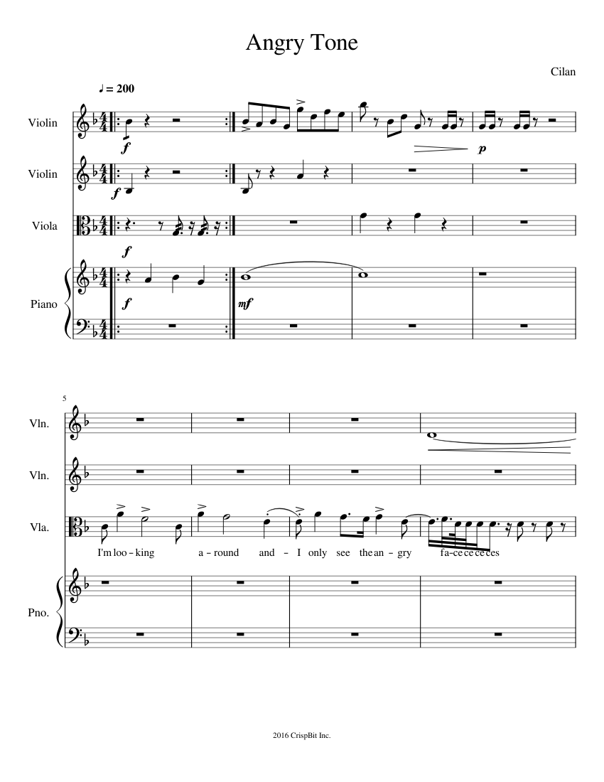 Angry Tone Sheet music for Piano, Violin, Viola (Mixed Quartet ...
