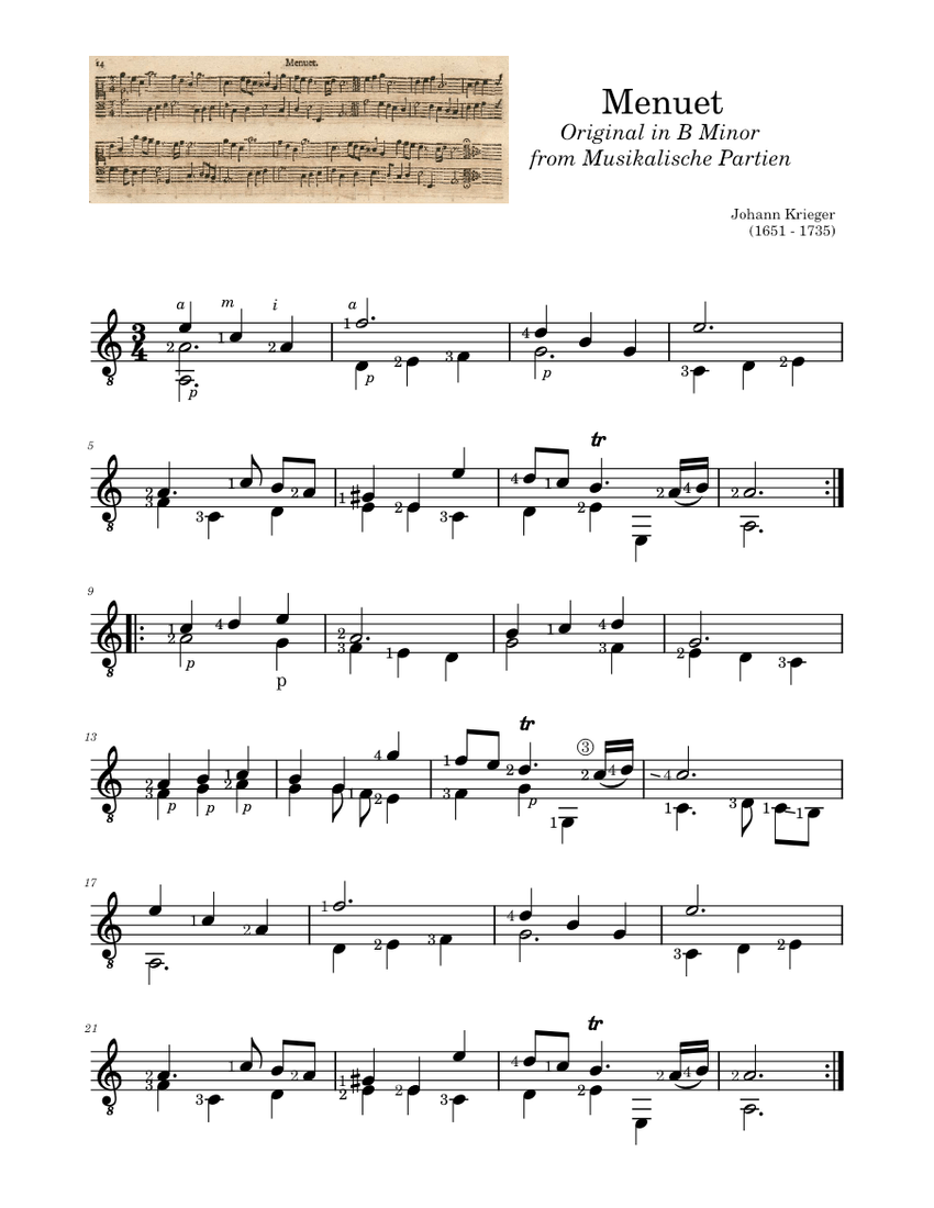 Menuet – Johann Krieger Sheet music for Guitar (Solo) | Musescore.com