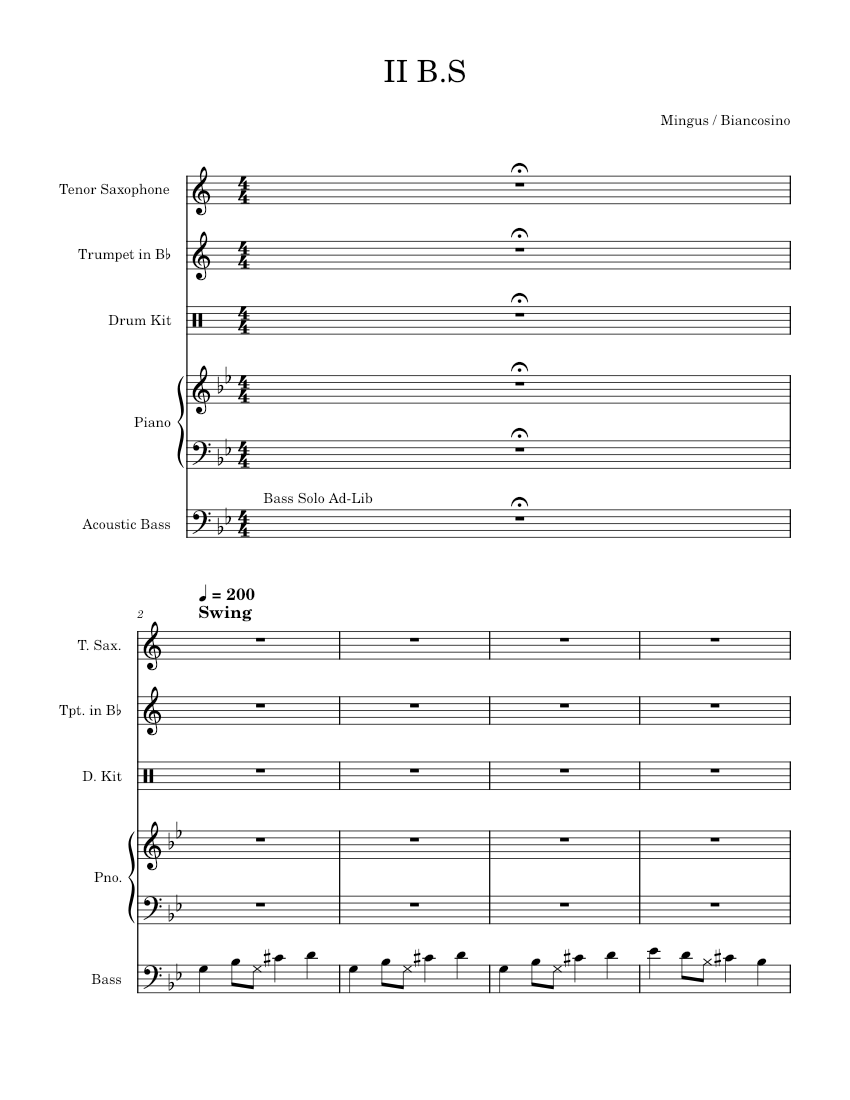 II BS Sheet Music for Piano, Saxophone tenor, Bass guitar, Drum group ...