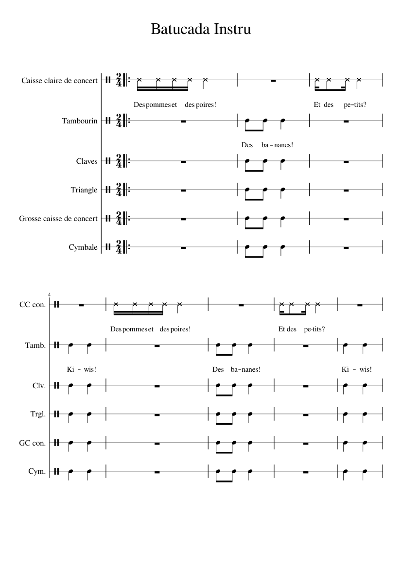 Batucada Instru Sheet music for Tambourine, Snare drum, Crash, Bass ...