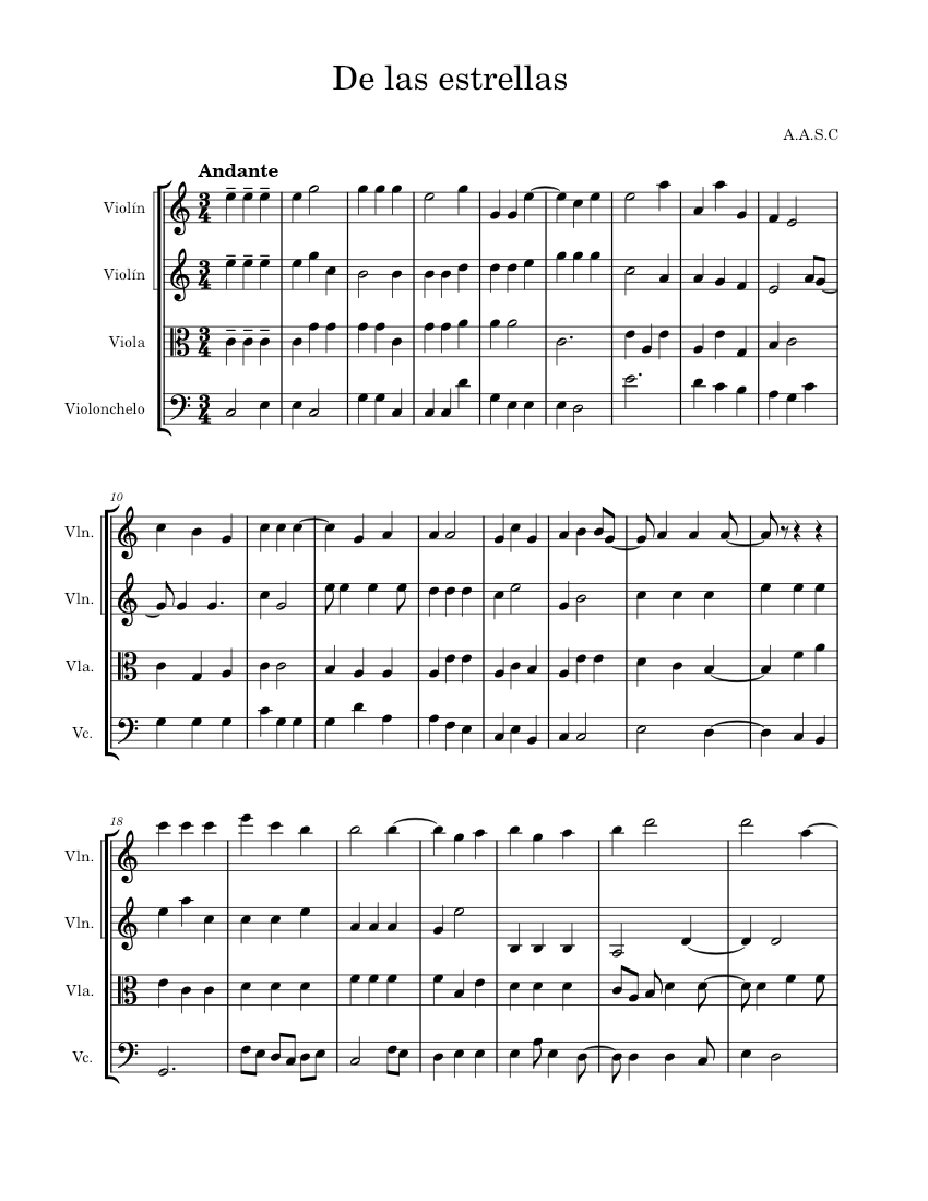 De las entrellas Sheet music for Violin, Viola, Cello (String Quartet ...