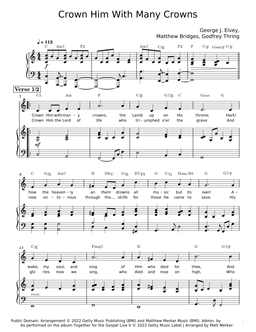 Crown Him With Many Crowns - George J. Elvey, Matthew Bridges Sheet music for Piano, Vocals ...