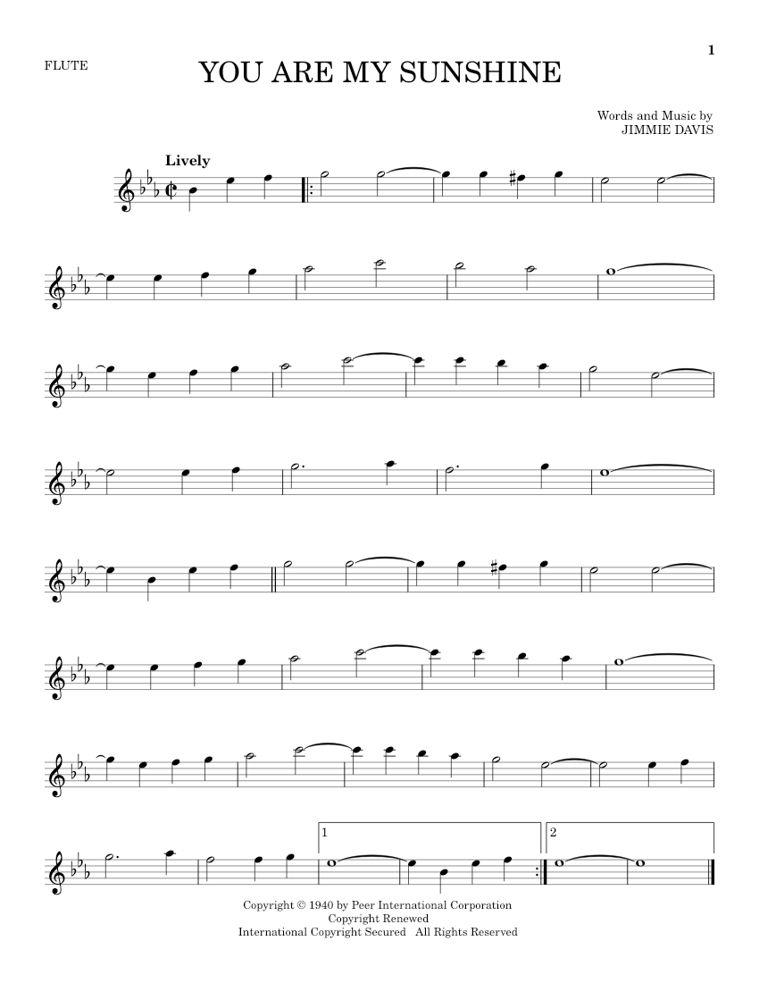 Play Official version of YOU ARE MY SUNSHINE Sheet Music by Jimmy Davis & Junction for Flute ...