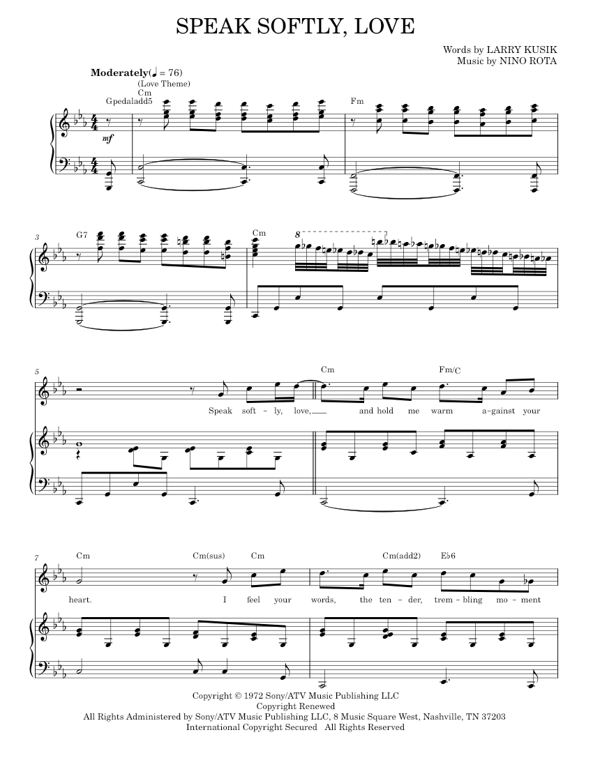 Play Official version of Speak softly love Sheet Music by Andy Williams for Piano, Vocals ...