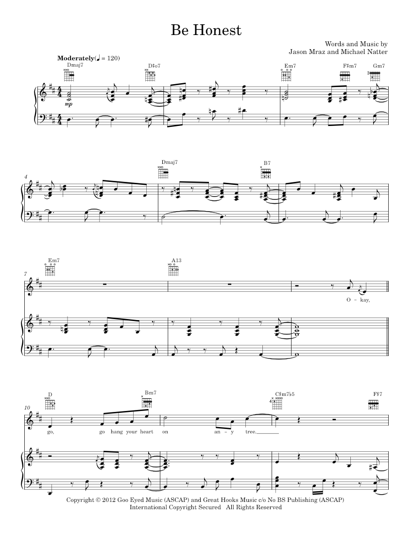 Play Official version of Be honest sheet music by Jason Mraz for Piano ...